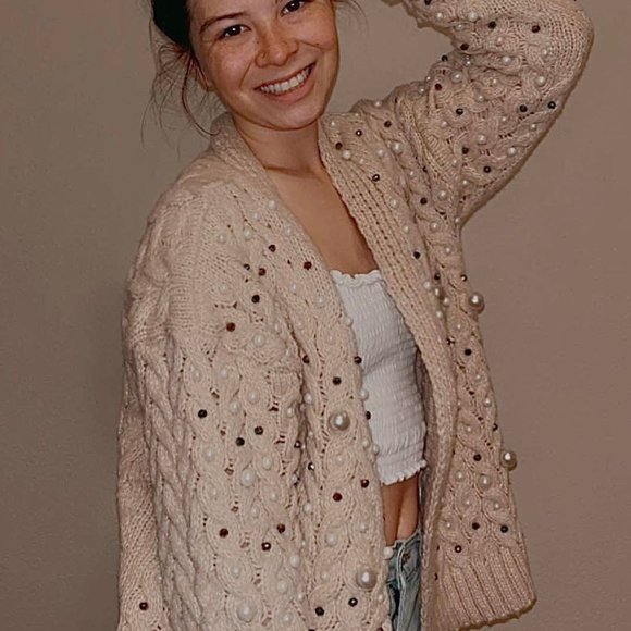 BiBi | Sweaters | Twisted Knit Cardigan With Pearls | Poshmark